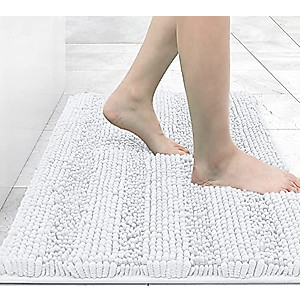 Grandaily Chenille Striped Bathroom Rug Mat, Extra Thick and Absorbent Bath Rugs, Non-Slip Soft Plush Shaggy Bath Carpet, Machine Wash Dry, Bath Mats for Tub, Shower and Bath Room, 24x16, White