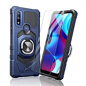 for Motorola Moto G Pure Case: with Tempered Screen Protector & Built in 360° Adjustable Ring Kickstand Shockproof Protection TPU Bumper Armor Design Phone Cover for Moto G Pure - Blue