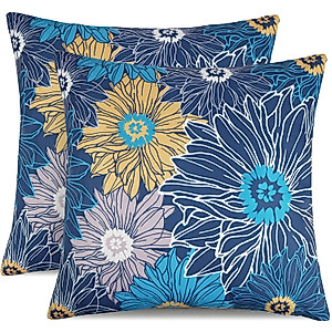 Adabana Outdoor Waterproof Pillow Covers 18x18 Inch Set of 2 Decorative Floral Throw Pillows Cover for Patio Garden Porch Navy Blue