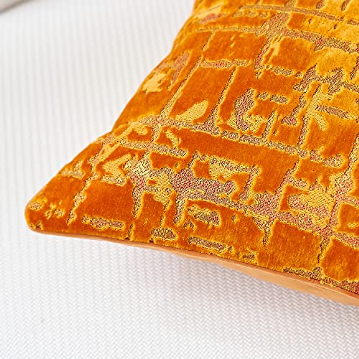 Alerfa 12 x 20 Inch Rectangle Geometrical Plaid Striped Embroidery Cut Velvet Cushion Case Luxury Modern Lumbar Throw Pillow Cover Decorative Pillow for Couch Sofa Living Room Bedroom Car, Orange