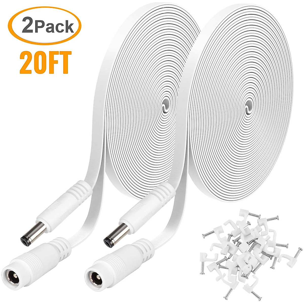 2 Pack DC Power Extension Cable 20ft 2.1mm x 5.5mm Compatible with 12V DC Adapter Cord for CCTV IP Camera, LED, Car, White