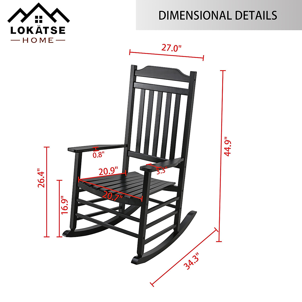 LOKATSE HOME Outdoor Rocking Chair Set of 2 Oversized Wooden Porch Rocker with 300 lbs Weight Capacity, High Back Smooth for Backyard, Lawn, Garden and Deck, Black
