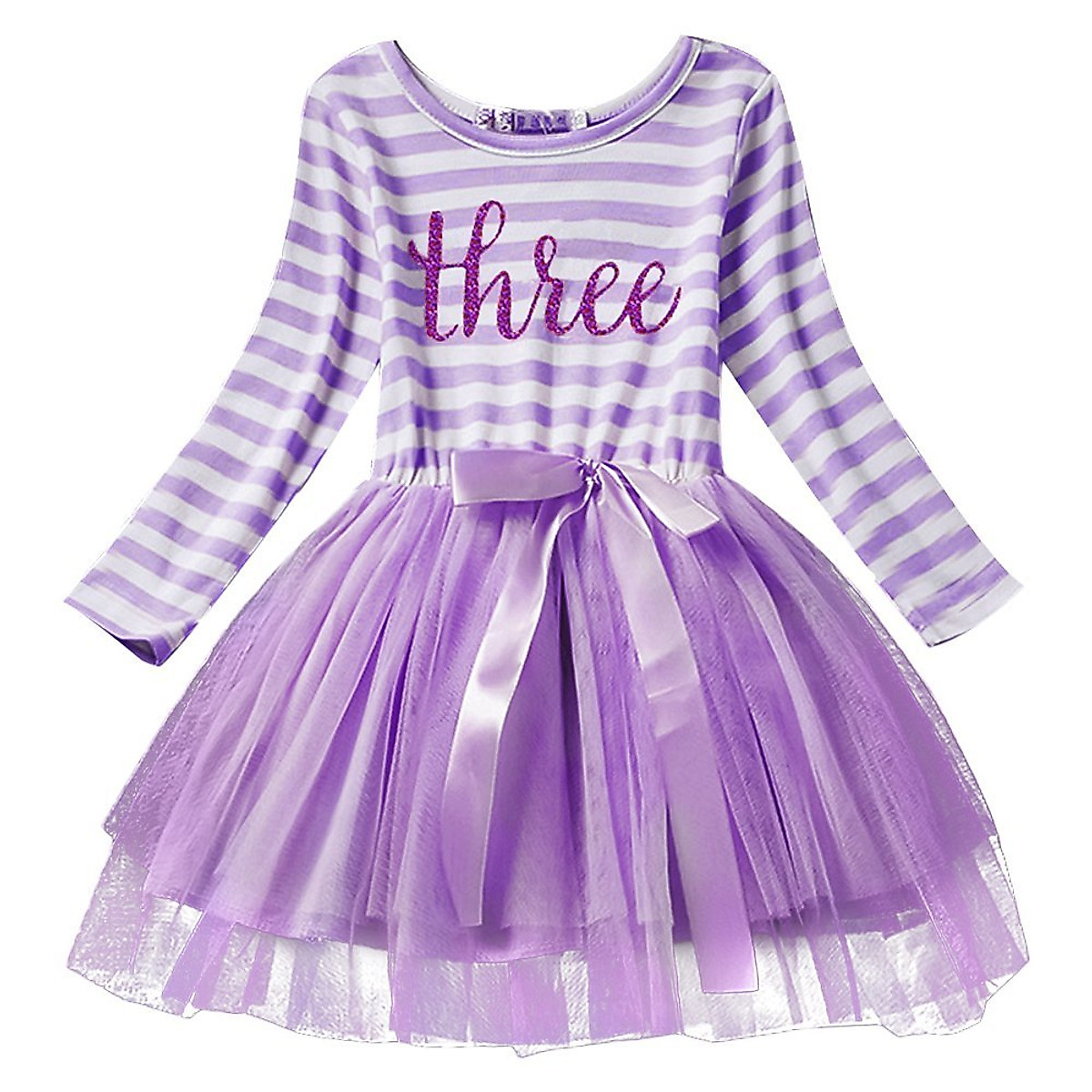 Iwemek Newborn Baby Girl Princess Long Sleeve Shinny Stripe Crown Printed 1st/2nd/3rd Birthday Cake Smash Tulle Tutu Skirt Dress, Purple (3 Years), One Size