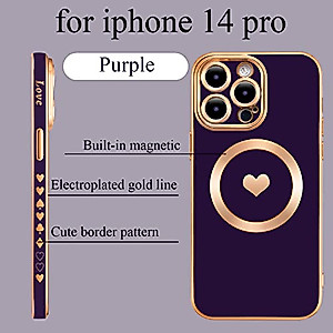 Weonmov Magnetic Case for iPhone 14 Pro Case for Women Men [ Compatible with MagSafe ], Cute Love Heart Soft Back Cover Raised Full Camera Lens Protection Phone Case (6.1") - Purple
