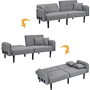 MWrouqfur 76" Convertible Folding Futon Sofa Bed with Bluetooth Speaker,Modern Linen Fabric Upholstered Sleeper Couch Bed,Recliner Loveseat with Armrest and 2 Pillows for Living Room,Bedroom,Office