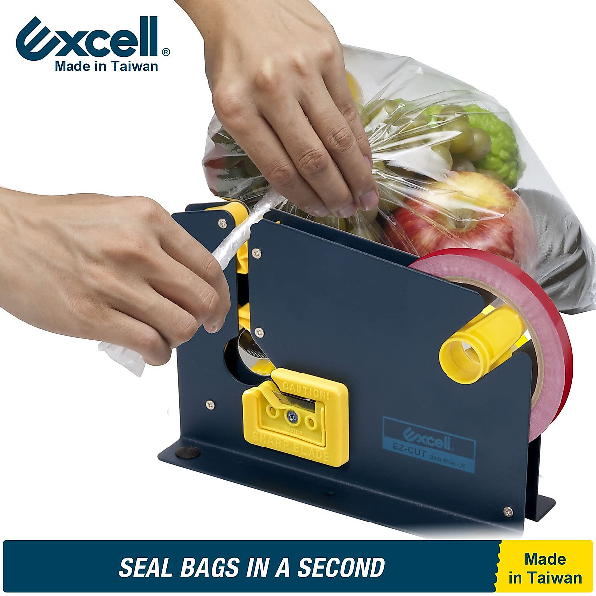 Excell EZ-Cut Tape Bag Sealer with Trimmer Blade: Fits 12 mm Tape, Ideal for Sealing Candy, Bread, and Meat. Easy to Cut and Trim Bags. Durable, Table-mountable. Includes Sealer and Tape roll.