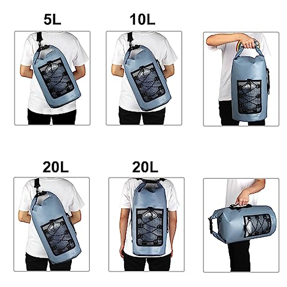 HEETA Waterproof Dry Bag for Women Men(Upgraded Version), 5L/ 10L/ 20L/ 30L Roll Top Lightweight Dry Storage Bag Backpack with Phone Case, Grey 5L