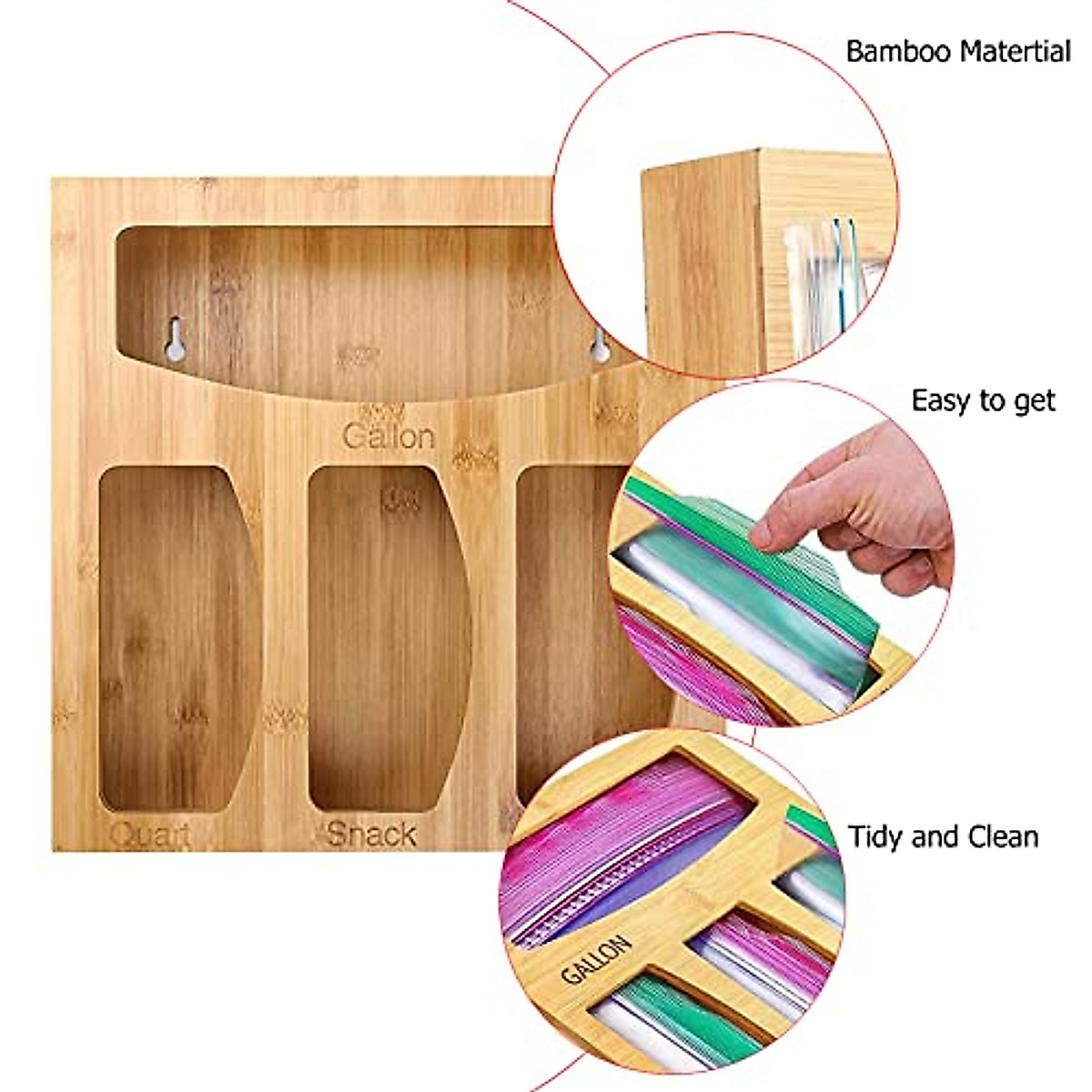 Ziplock Bag Organizer for Drawer- Bamboo Food Storage Bags Container for Kitchen Compatible with Solimo, Hefty, Holder for Gallon, Quart, Sandwich, Snack, and Slider Bag