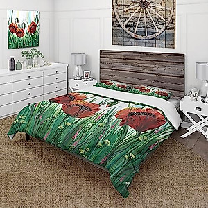 DESIGN ART Designart 'Red Bright Poppy Flowers On A Green Meadow' Traditional Duvet Cover Comforter Set Full/Queen Cover + Comforter + 2 Shams 4 Piece