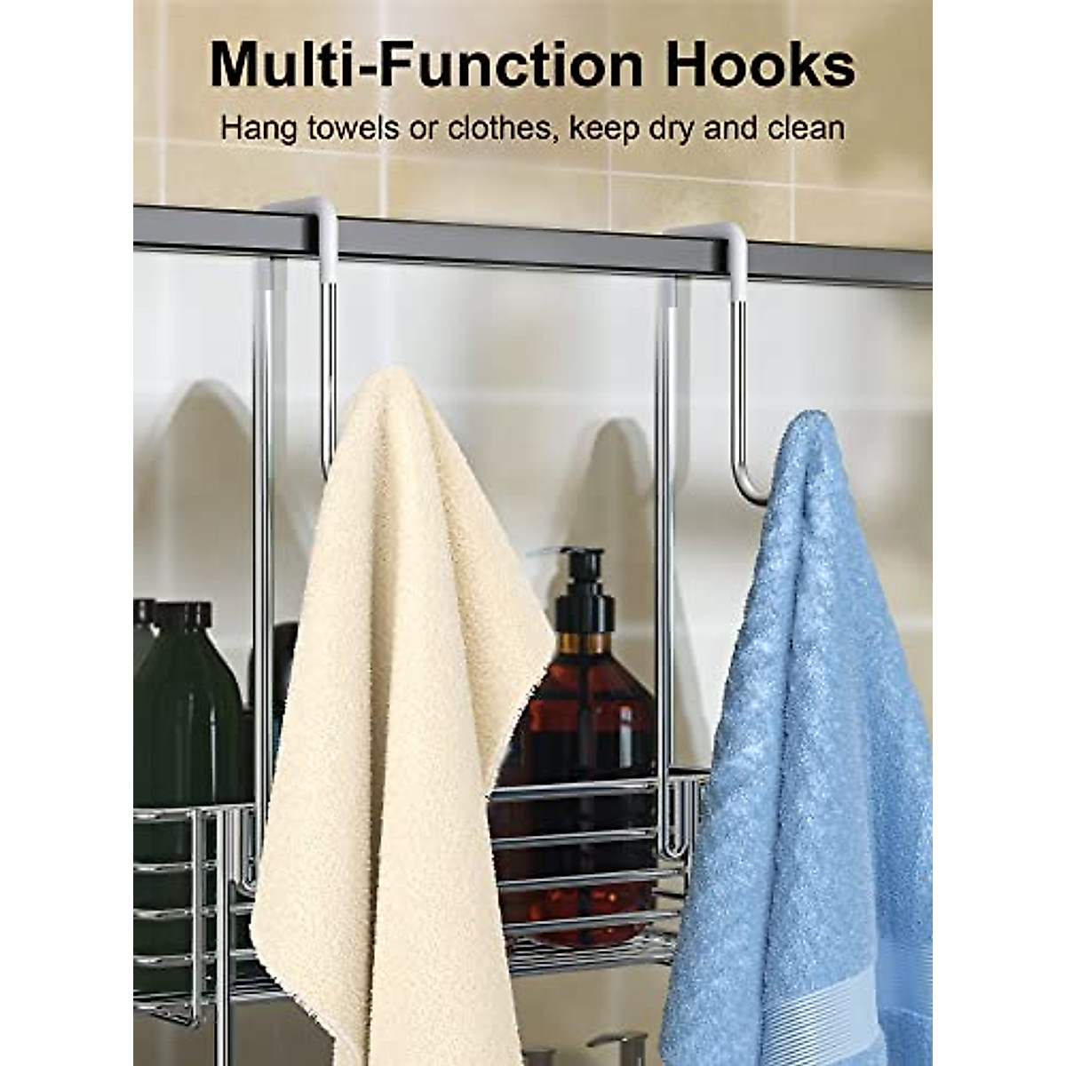 SMARTAKE Shower Caddy Over The Door, Stainless Steel Bathroom Shelf Organizer, Rustproof Wall Rack with Hooks, Razors Towels Shampoo Organizer for Dorm, Toilet, Bath and Kitchen, Silver