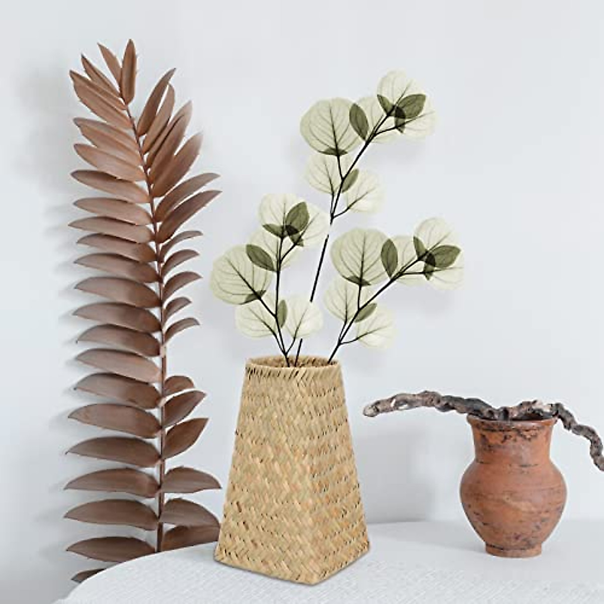 DECHOUS Trash Can Straw Woven: Wastebasket Woven Vase Decorative Container Bedroom Office Small Garbage Cans Wicker Waste Basket Countertop Container for Home Office