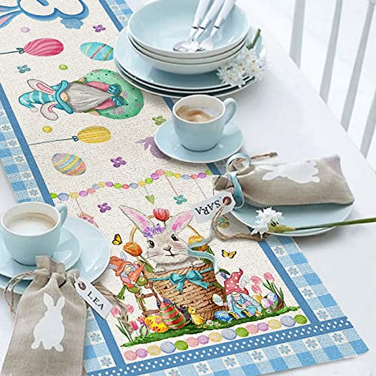 Easter Table Runner, Happy Easter Runner, Easter Bunny Eggs and Gnomes Blue Truck with Tulip Flowers Table Runners 72 Inches Long, Blue Buffalo Plaid Small Coffee Table Cloth for Home Dining Room
