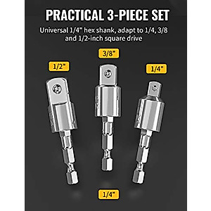 Tool Gift for Man, 3-Piece Power Drill Sockets Adapter Sets, 360°Rotatable Hex Shank Impact Driver Socket Adapter, Socket to Drill Adapter 1/4" 3/8" 1/2" Impact Driver Adapter