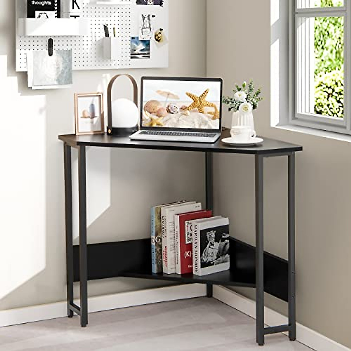 Tangkula Corner Desk with Power Outlet & USB Ports, Triangle Computer Desk with Charging Station, Storage Shelf, Space Saving Writing Desk, Vanity Table, Corner Desk for Small Space (Black)