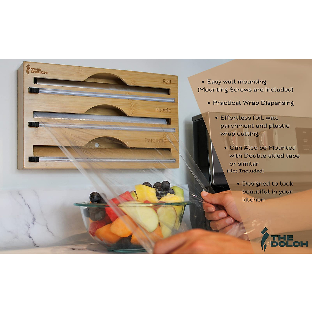 The Dolch 3 in 1 Wrap Dispenser with Cutter - Plastic Wrap Aluminum Foil and Wax Paper Organizer for Kitchen Drawer or Wall - Handy Bamboo Box for Storage - Holder Organizes Rolls -12" Roll Compatible