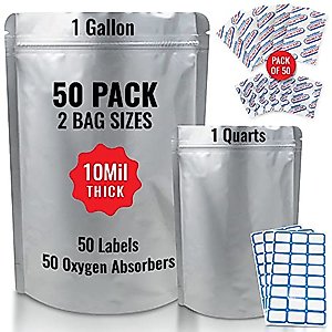 50 Mylar Bags for Food Storage with Oxygen Absorbers - 25 1 Gallon 10''x14'' - 25 1 Quarts 6''x9''- 25 500CC 25 300CC Oxygen Absorbers - 10 Mil Super Thick - Long Term Storage Vacuum Seal Ziploc