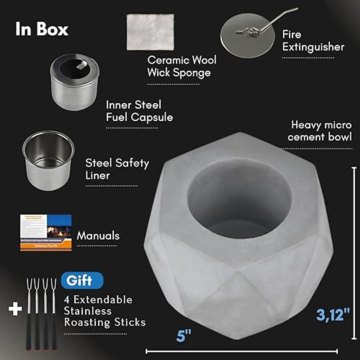 Indoor Fire Pit Tabletop Set with 4 Smores Sticks - Valentines Day Gifts - Smokeless Table Top Firepit - Smores Maker Tabletop Indoor Kit - Valentine's Couples Gift Ideas - Patio Portable Fireplace