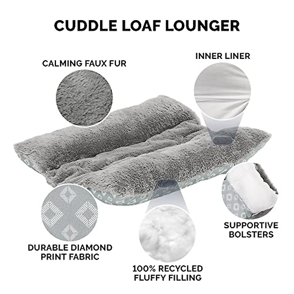 Furhaven Cat Bed for Indoor Cats, Washable w/ Removable Bolsters, For Pets Up to 9 lbs - Plush & Diamond Print Cuddle Loaf Mat - Gray, Small