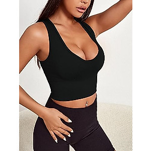 DYD Sexy Crop Tops for Women V Neck Ribbed Tank Tops Workout Seamless Racerback Top with Built in Bras Black