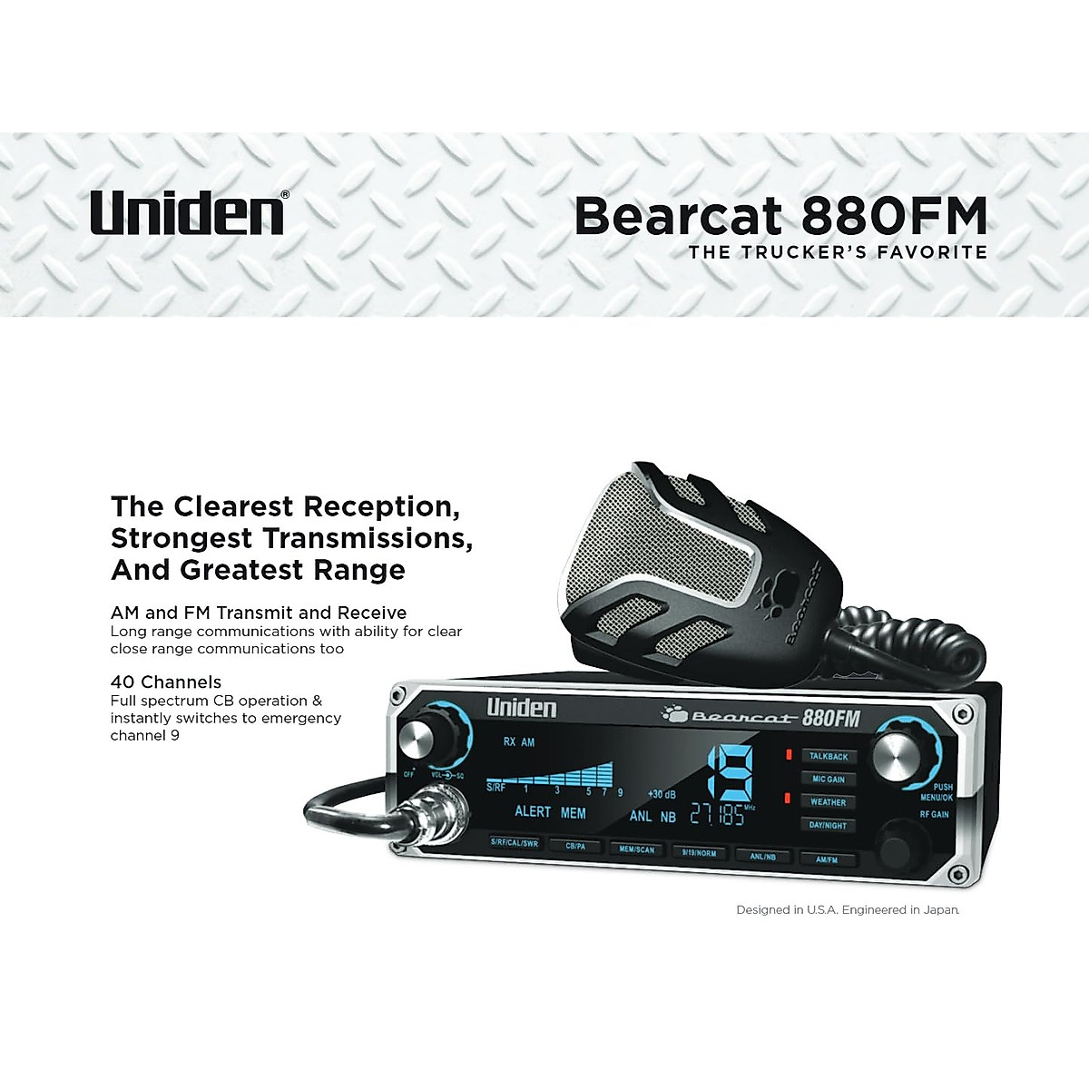 Uniden Bearcat 880FM CB Radio, 40 Channels with Dual-Mode AM/FM, Large Easy-to-Read Backlit 7-Color LCD Display, Backlit Knobs/Buttons, NOAA Weather Alert, PA/CB Switch, and Wireless Mic Compatible