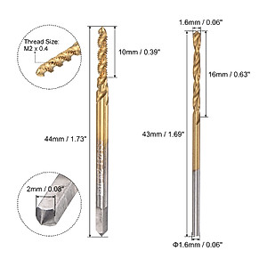 uxcell M2 x 0.4 Spiral Flute Tap and 1.6mm Twist Drill Bit Set, Metric Titanium Plated 6542 High Speed Steel Machine Threading Screw Thread Tap Drilling Tool
