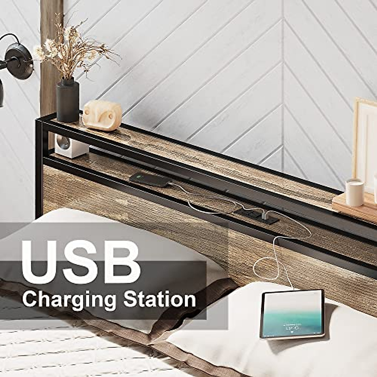 LIKIMIO Queen Bed Frame with Storage Drawer, 2-Tier Storage Headboard with Charging Station, No Box Spring Needed, Easy Assembly, Rustic Brown