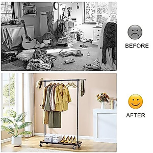 Hoctieon Extensible Clothes Rack,Heavy Duty Clothing Rack,Industrial Pipe Standard Rolling Garment Rack with Shelves,Portable Wardrobe Rack With Wheels