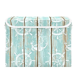 innewgogo Wooden Anchor Storage Bins with Lids for Organizing Baskets Cube with Cover with Handles Oxford Cloth Storage Cube Box for Living Room