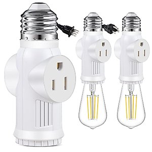 SerBion E26 Light Socket to Plug Adapter - 2 Pack 2/3 Prong Light Socket Outlet - Light Bulb Plug Adapter, Polarized Light Socket Adapter Splitter Converter for Garage Porch (White)