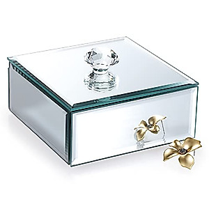Hipiwe Silver Glass Mirrored Jewelry Box with Crystal Handle Square Trinket Organizer Treasure Chest Case Classic Keepsake Box for Storage Rings Earrings Necklace Bracele (Small, Silver)
