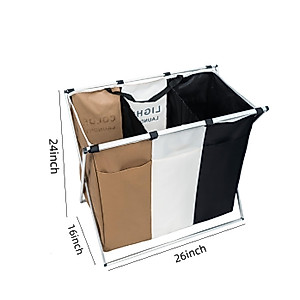 DIOBVNG Laundry Basket 3 Section,Foldable Dirty Laundry Hamper, Hampers for Laundry,Clothes Baskets With Side Pocket,Laundry Sorter（Black and white brown）