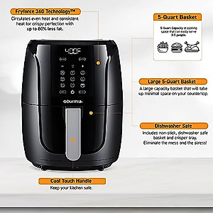 Gourmia Air Fryer Oven Digital Display 5 Quart Large AirFryer Cooker 12 1-Touch Cooking Presets, XL Air Fryer Basket 1500w Power Multifunction Black and Stainless Steel Accents FRY FORCE GAF536