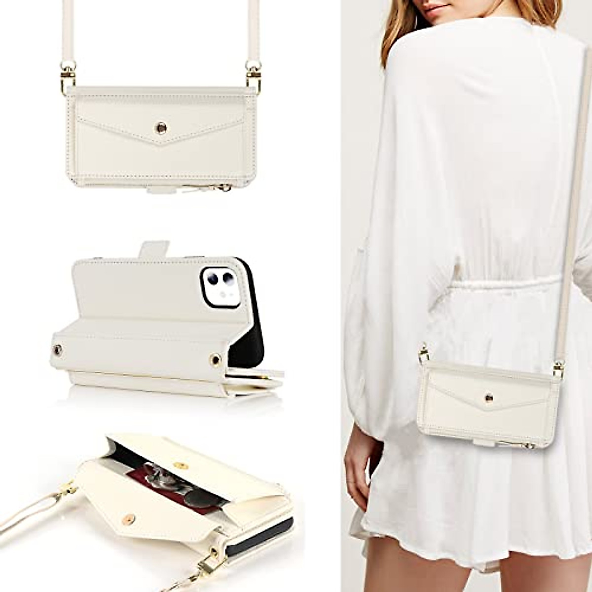 DEYHU for iPhone 11 Phone case Wallet with Zipper Card Holders for Women,iPhone 11 Phone Cases Slots Crossbody Flip Folio Book Cover with Credit Card Holder Men for iPhone11 case - White