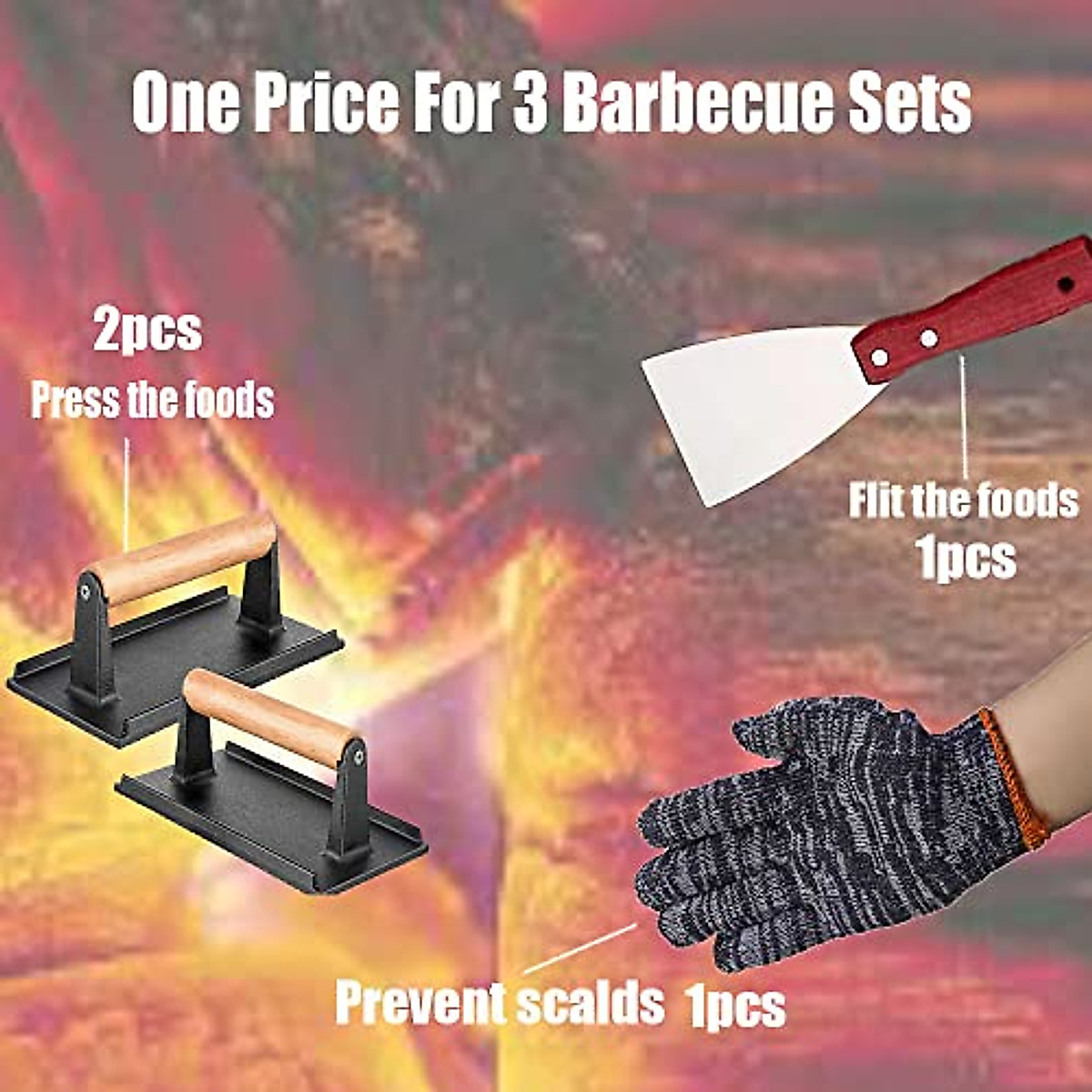 3 Pack Cast Iron Grill Press Bacon Press 8 x 4 Inch +Glove+ Pre Seasoned Burger Press Sandwich Press Meat Press for Griddle, BBQ, Burgers, Bread, Steaks