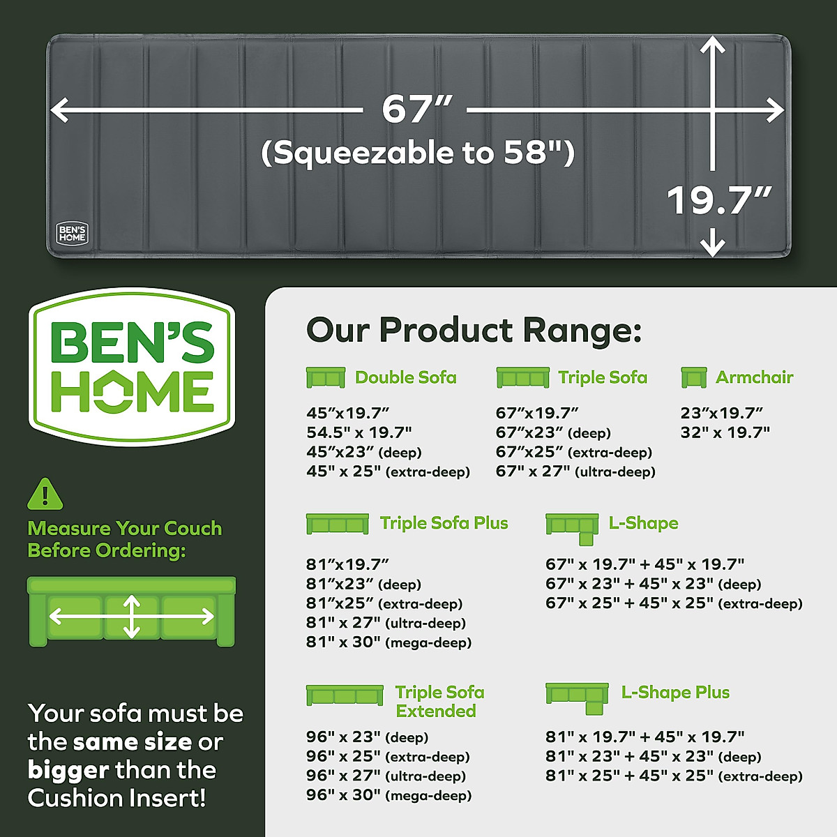 BEN'SHOME® Durable Cushion Support Insert [19.7" x 58-67"], Upgraded Sofa Saver Board for Sagging Couch Pillows. Fix & Prevent Sagging Seats, Extra Strong, Dense & Thick | 0.4"