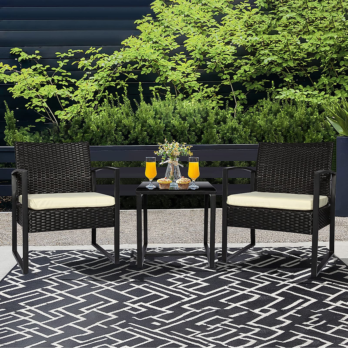 3 Piece Wicker Outdoor Patio Furniture Bistro Set, PE Rattan Chair w/Coffee Table, Small Modern Conversation Sets Clearance for Front Porch, Balcony, Garden, Lawn (Beige Cushion)