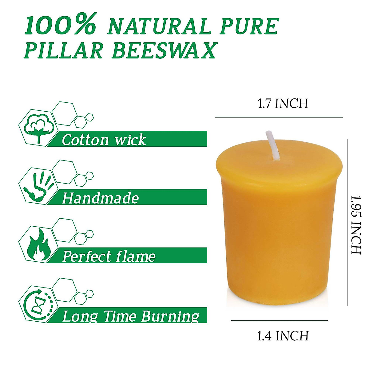 Natural Beeswax Votive Candles 6 Pack, Handmade Bees Wax Candle - Smokeless, Dripless and Non-Toxic, 10 Hour Long Burn Time Each for Home