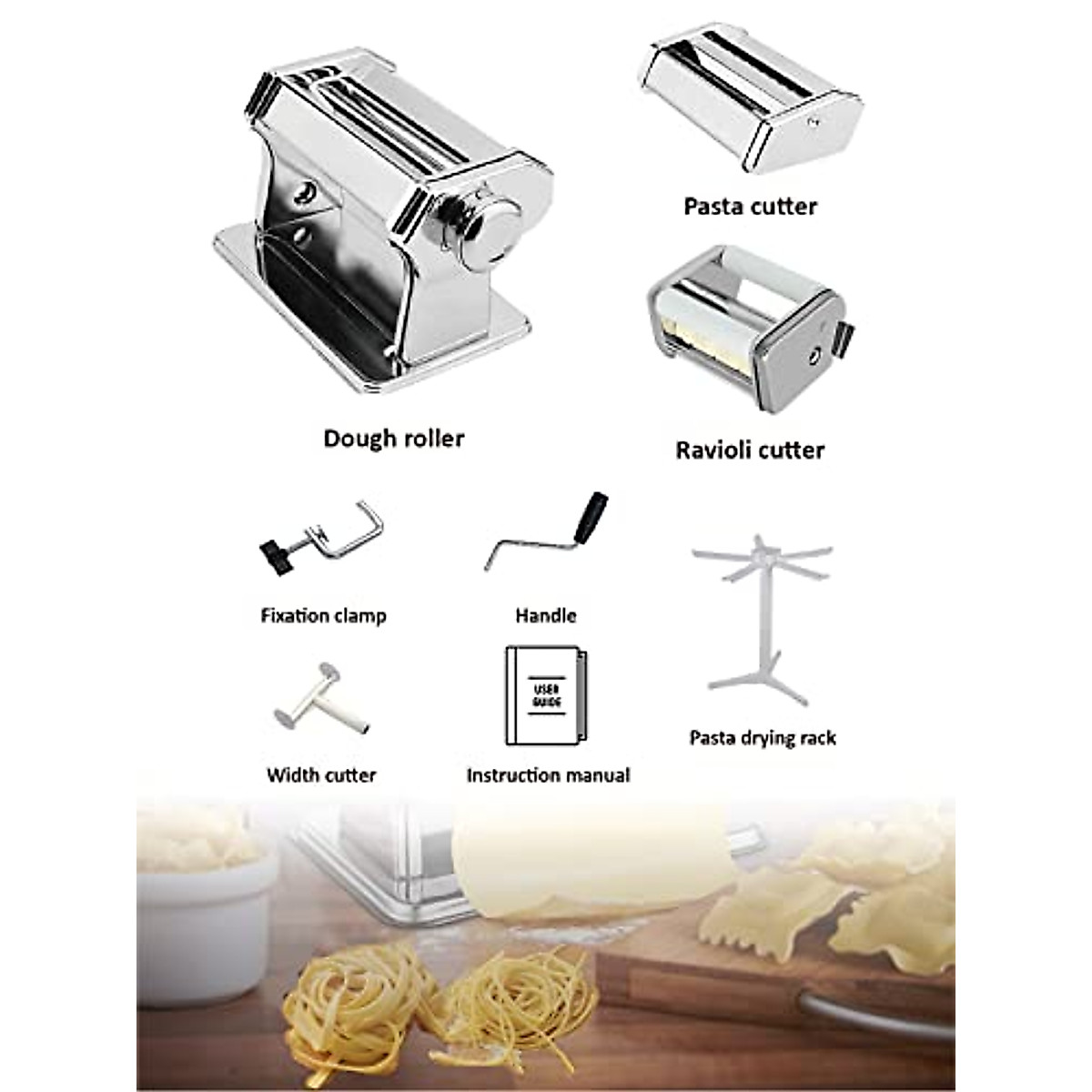 MZTOGR Pasta Maker Machine, Set of 6 Piece 150mm Steel Noodle Maker Machine with 9 Adjustable Thickness Settings, Includes Ravioli Maker Attachment, Pasta Drying Rack (MZ-150PR)