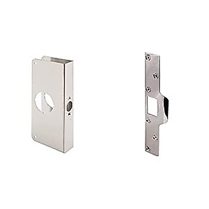 Defender Security U 9585 1-3/8 inch x 9 inch Thick Stainless Steel, 2-1/8 in Lock and Door Reinforcer, 1-3/8 & Prime-Line U 9476 Maximum Security Latch Strike, 1-1/4 inch x 7-7/8 inch, Steel