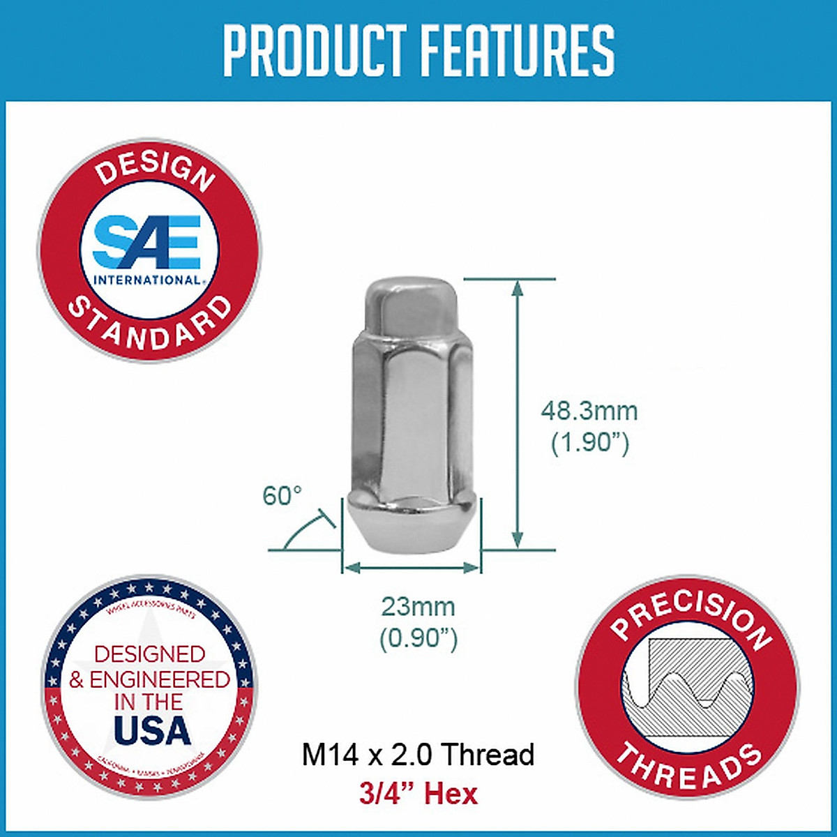 Wheel Accessories Parts 32 Pcs M14 x 2 14 x 2 Thread Bulge Acorn 1.90" Long Lug Nuts Chrome 3/4" 19mm Hex Fits 2000-02 Ford Excursion 1999-2003 F250 F350 Super Duty