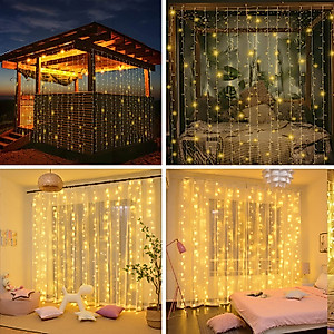 XINXIANLIAN 300LED Solar Curtain Lights Outdoor Indoor 8 Modes Solar Fairy Curtain String Lights Waterproof Twinkle Lights for Home Garden Patio Gazebo(Warm White)