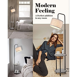 ELYONA Modern Floor Lamp with End Table, Rubber Wood Bedside Table Lamp with Adjustable Drum Shade, Rustic Tall Pole Shelf Reading Standing Light for Farmhouse Bedroom, Living Room, Office - Walnut