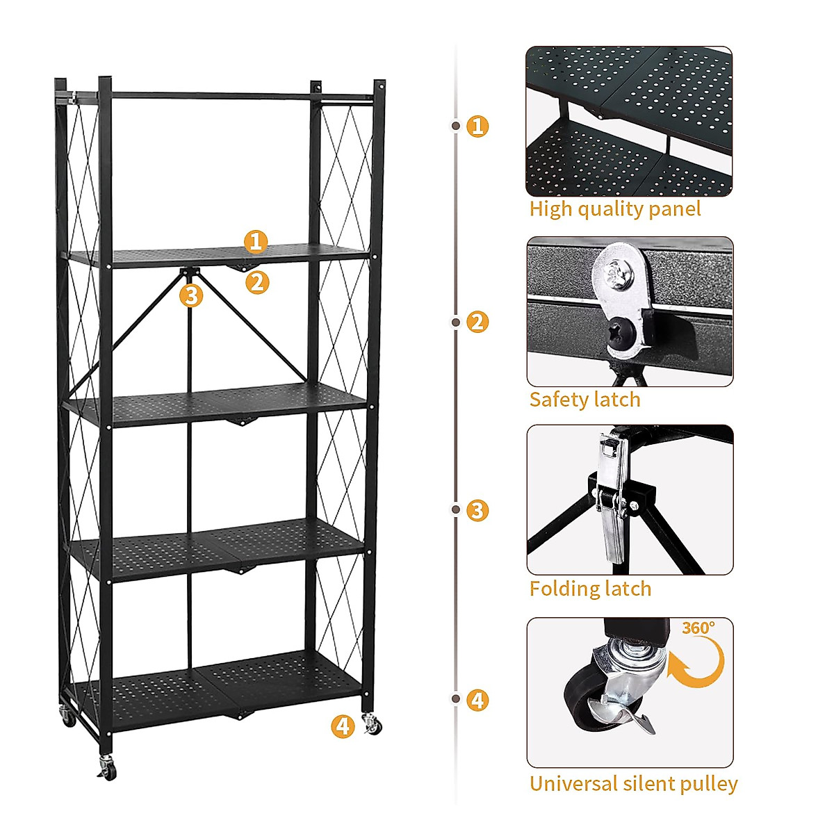 ExGizmo Storage Shelves,5-Shelf Foldable Metal Garage Shelveing with 4 Wheels,Large Capacity Shelving Unit,No Assembly Organizer Rack,Movable Storage Rack for Room,Kitchen,Grocery Room (Black)