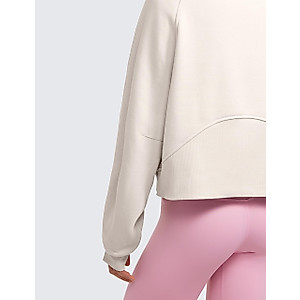 CRZ YOGA Womens Fleece Lined Half Zip Hoodies Pullover Oversized Long Sleeve Casual Workout Sweatshirts with Thumb Holes White Apricot Medium