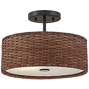 Possini Euro Design Hampton Modern Ceiling Light Semi Flush-Mount Fixture 13 1/4" Wide Soft Gold 2-Light Dark Weave Rattan Drum Shade for Bedroom Kitchen Living Room Hallway Bathroom House Home