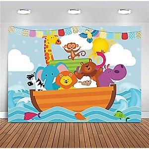 Cartoon Noah's Ark Sea Photography Backdrops Vinyl 7x5ft Wild Safari Animals Zoo Photo Backgrounds Baby Shower Party Banner Decoration Supplies for Children Birthday Cake Table Photo Booth Props