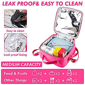 URSKYTOUS Insulated Lunch Bag for Women Girl Kid Teen Preppy Large Thermal Freezable Lunch Box Cute Hot Pink Big Reusable Kawaii Waterproof Lunch Tote Cooler Bag with Chenille Letter for School Office