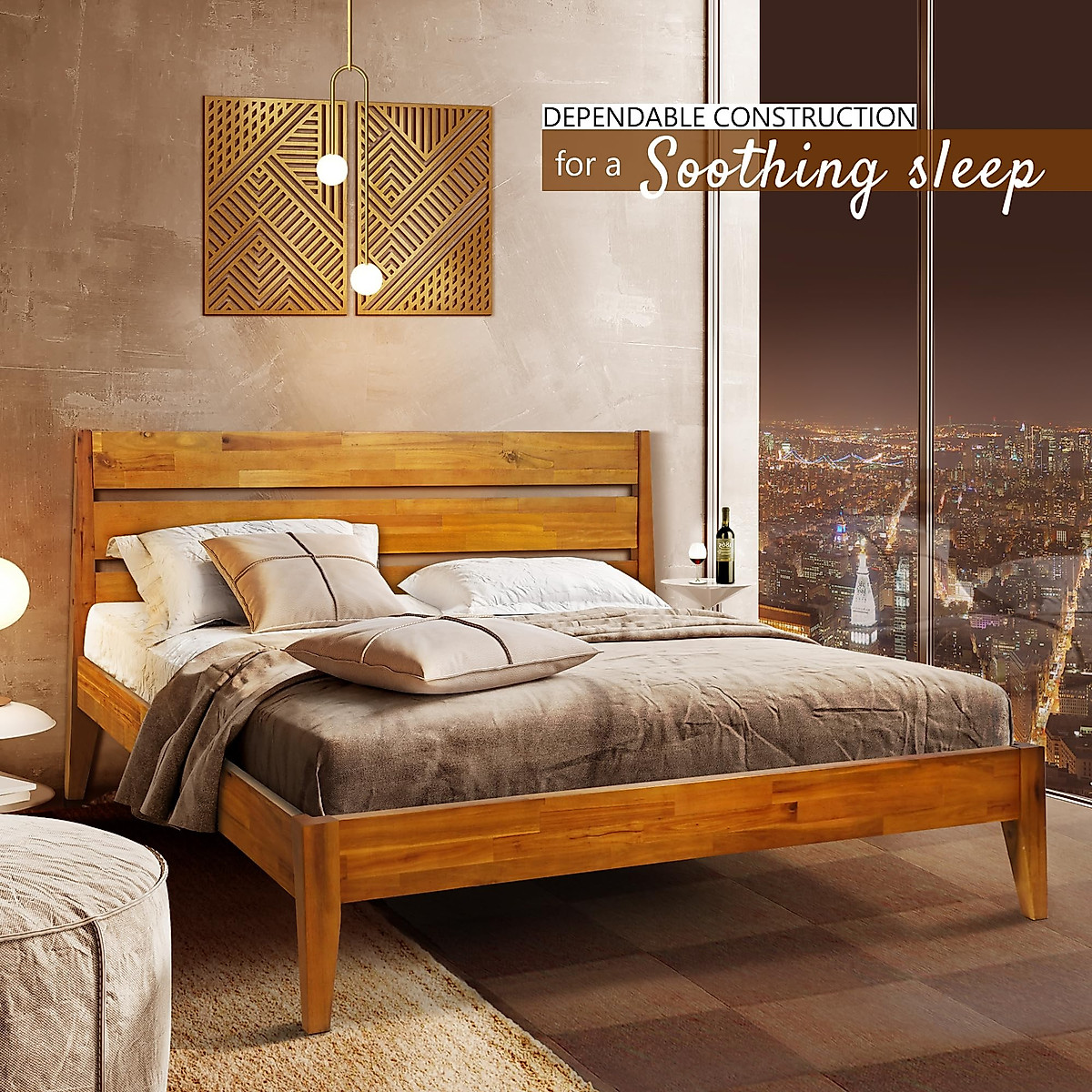 Acacia Emery Bed Frame with Headboard 100% Solid Wood Platform Bed, Mid Century Modern Wood Bed Compatible with All Mattresses, Non-Slip and Noise-Free, 30 Mins Assembly, King Size Bed Frame, Caramel