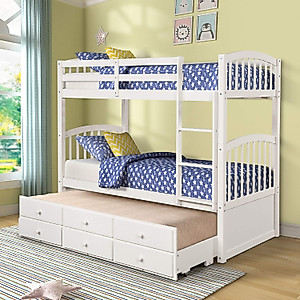 SOFTSEA Twin Over Twin Bunk Bed with Twin Trundle, 4 Step Ladder and 3 Drawers