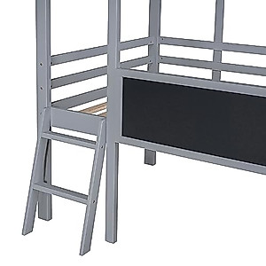 CITYLIGHT Twin Size Loft Bed with Slide, Low Loft Bed Frame with Blackboard and Light Strip on The Roof, Wood Kids Slide Bed for Girls, Boys, Grey